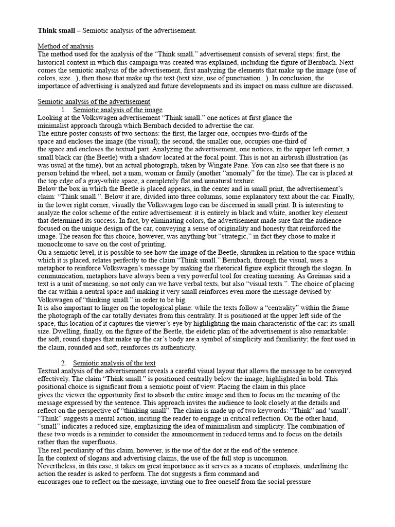 Think Small Semiotic Analysis | PDF | Advertising | Brand