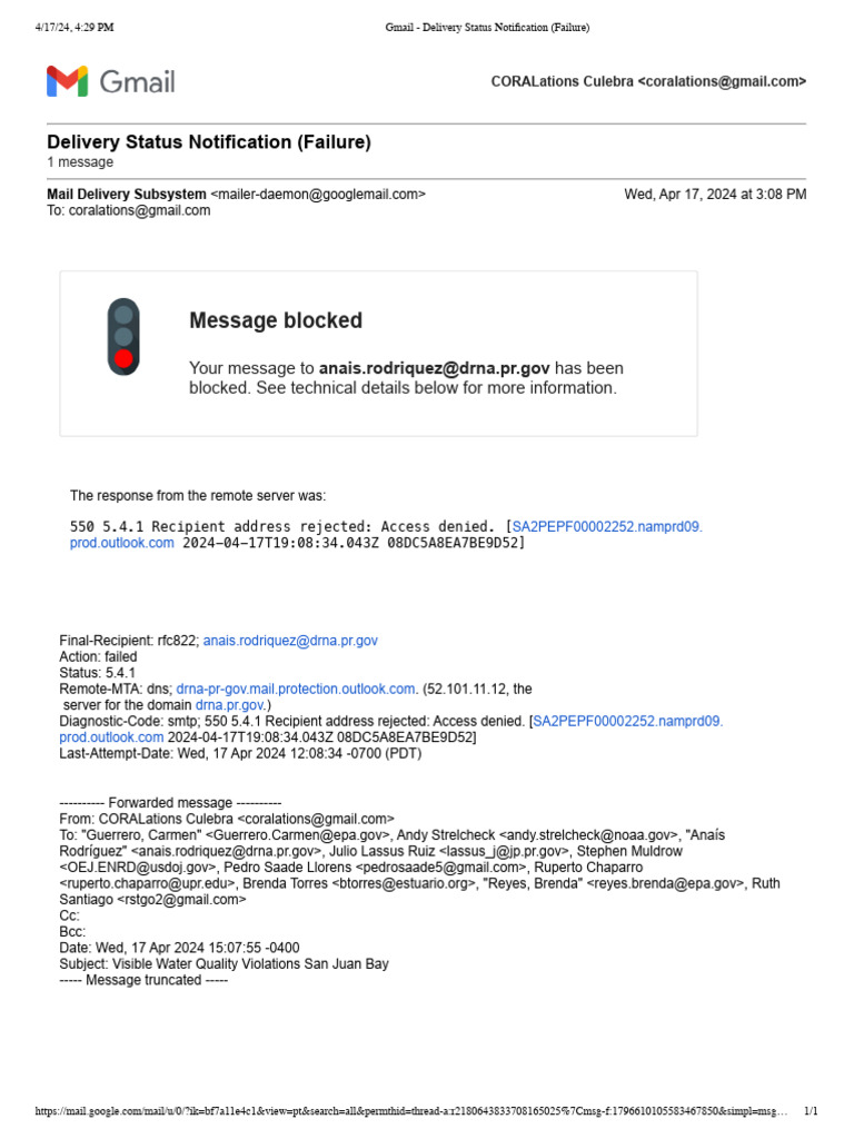 DRNA - Blocked Message - Gmail - Delivery Status Notification (Failure) | PDF