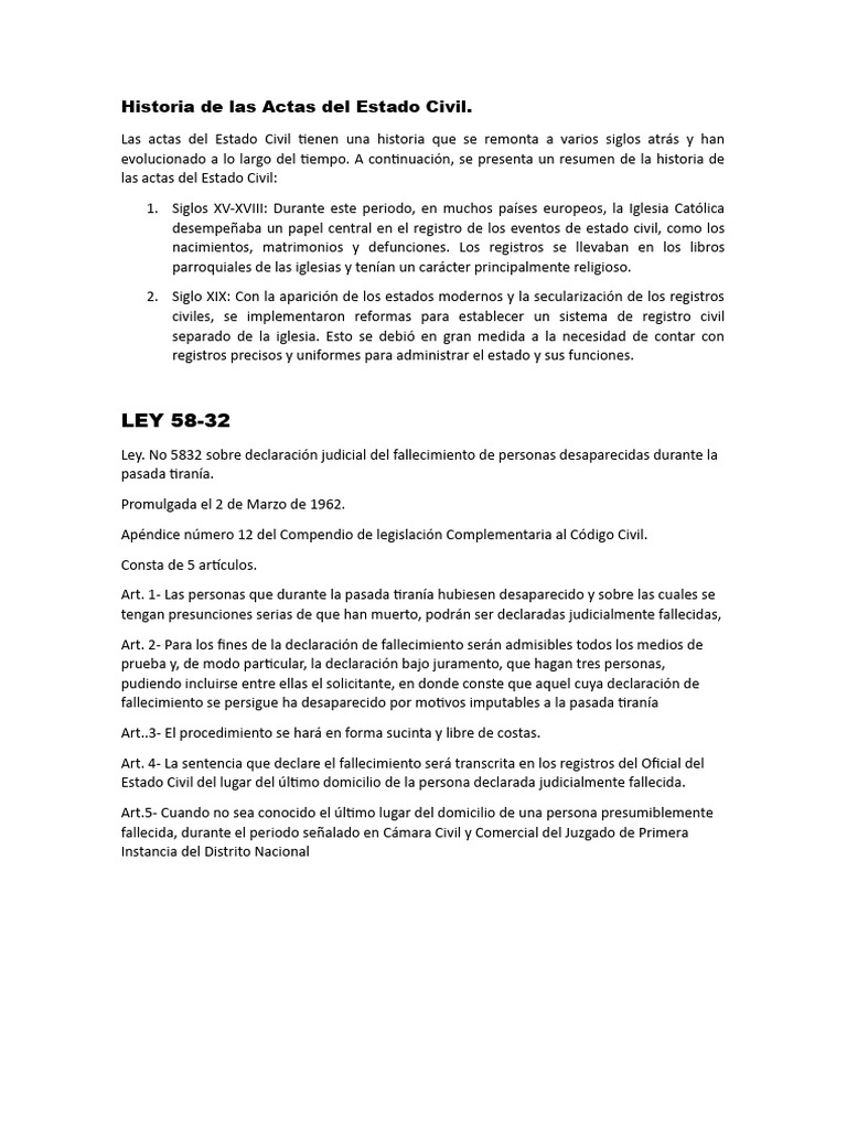 Historia y Ley de Actas del Estado Civil | PDF
