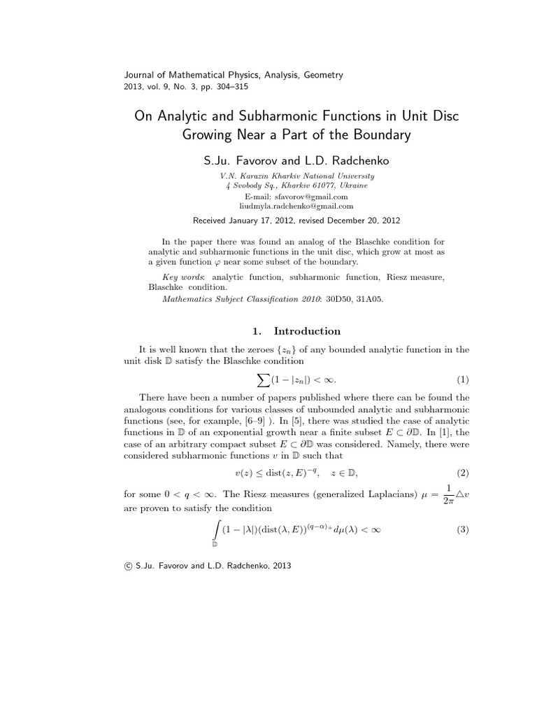 Favorov S.Ju., Radchenko L.D. - Analytic and Subharmonic Functions in The Unit Disc Growing Near ...