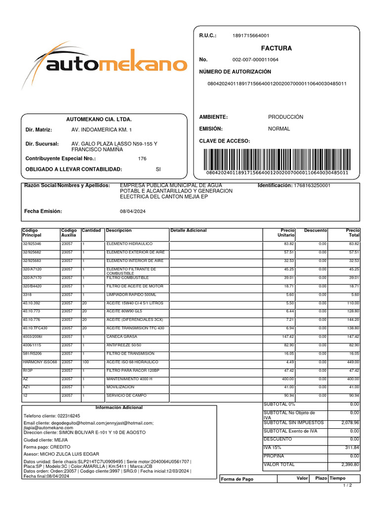 Factura: Código Principal Código Auxilia Cantidad Descripción Detalle ...