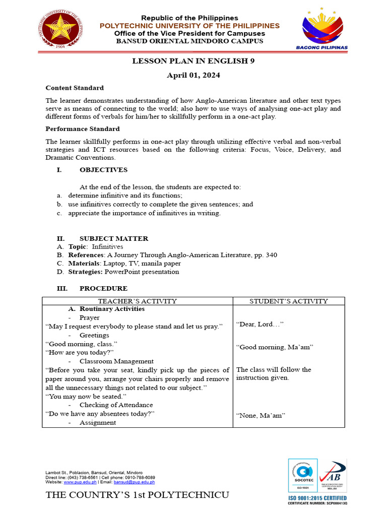 Infinitives | PDF | Lesson Plan | Teaching