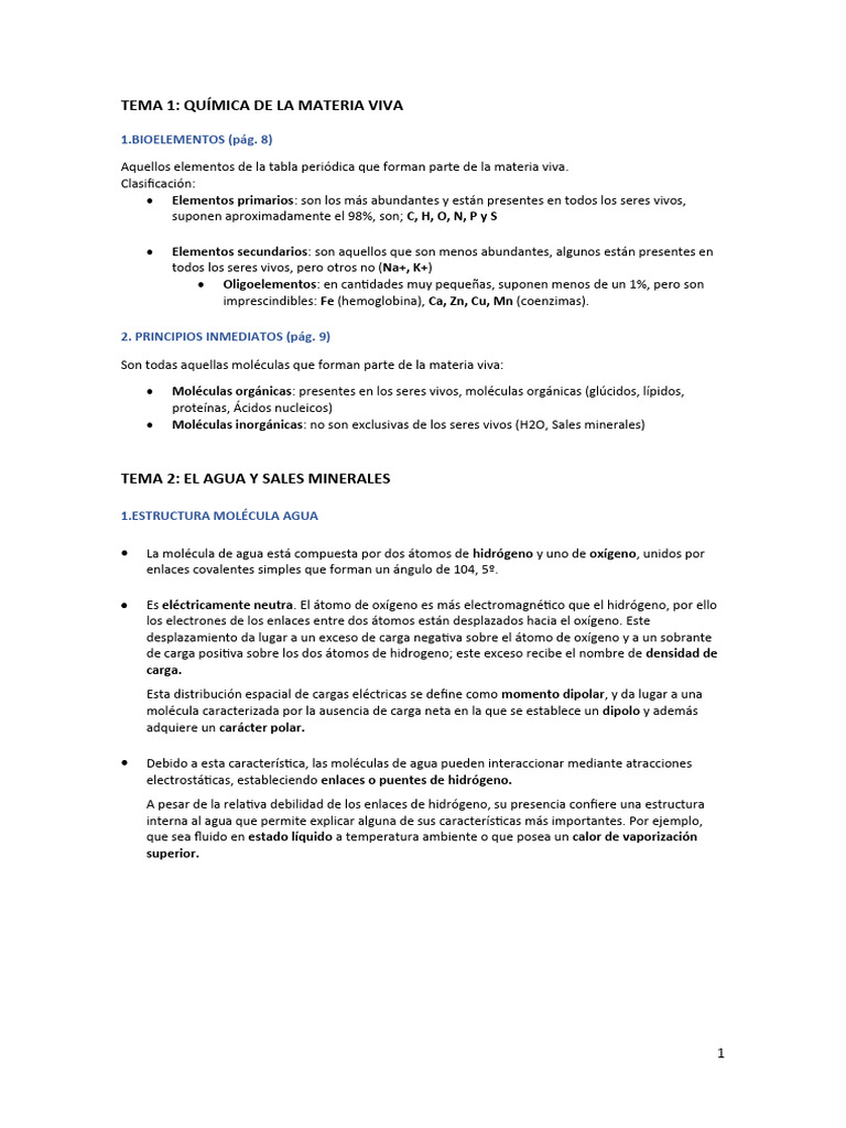 Bio Tema 1,2 Resumen | PDF | Propiedades del agua | Ósmosis