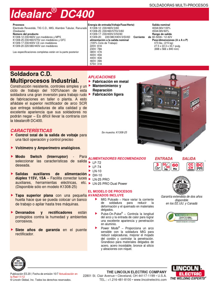 FICHA TECNICA EQUPIO LINCOLN DC400 | PDF | Soldadura | Construcción