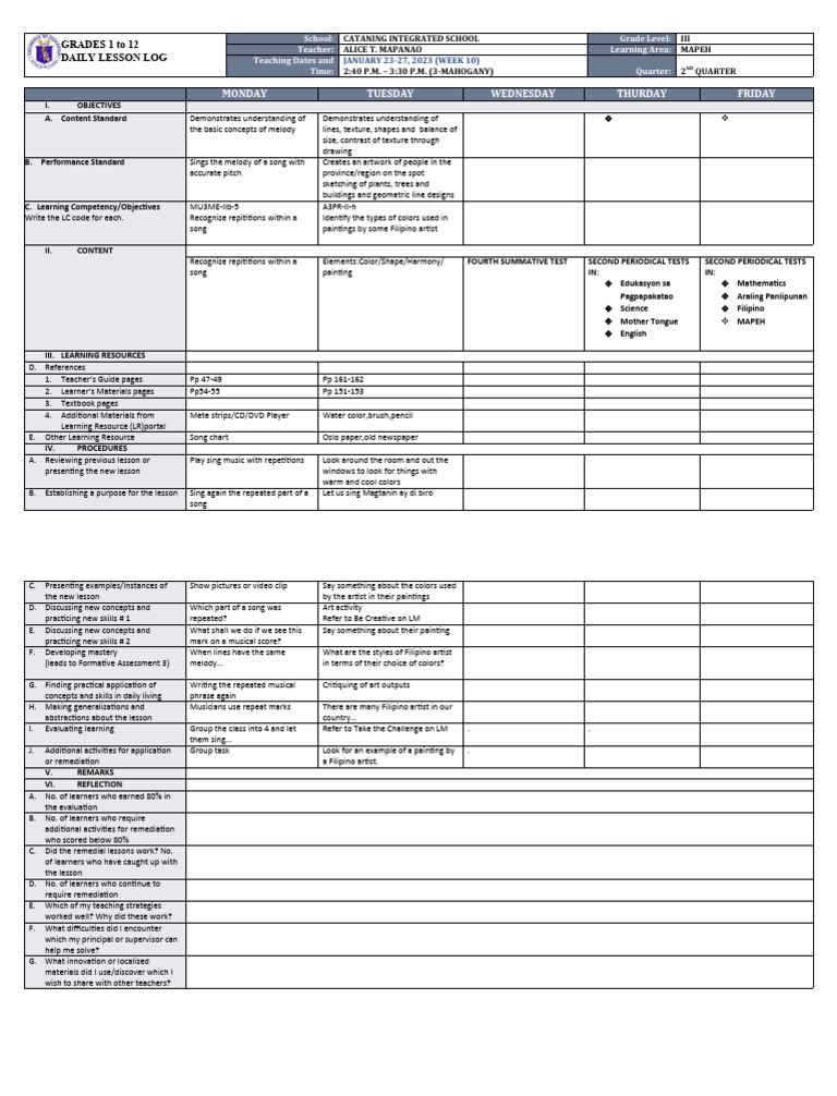 DLL - Mapeh 3 - Q2 - W10 | PDF | Learning | Cognition