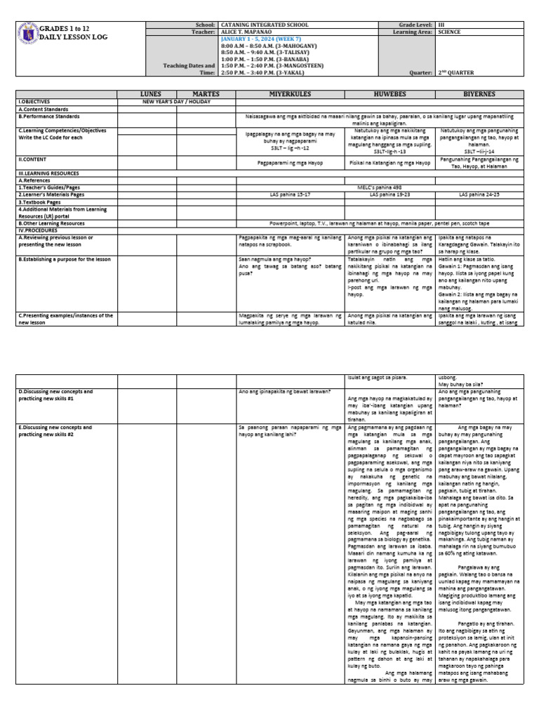DLL - Science 3 - Q2 - W7 | PDF