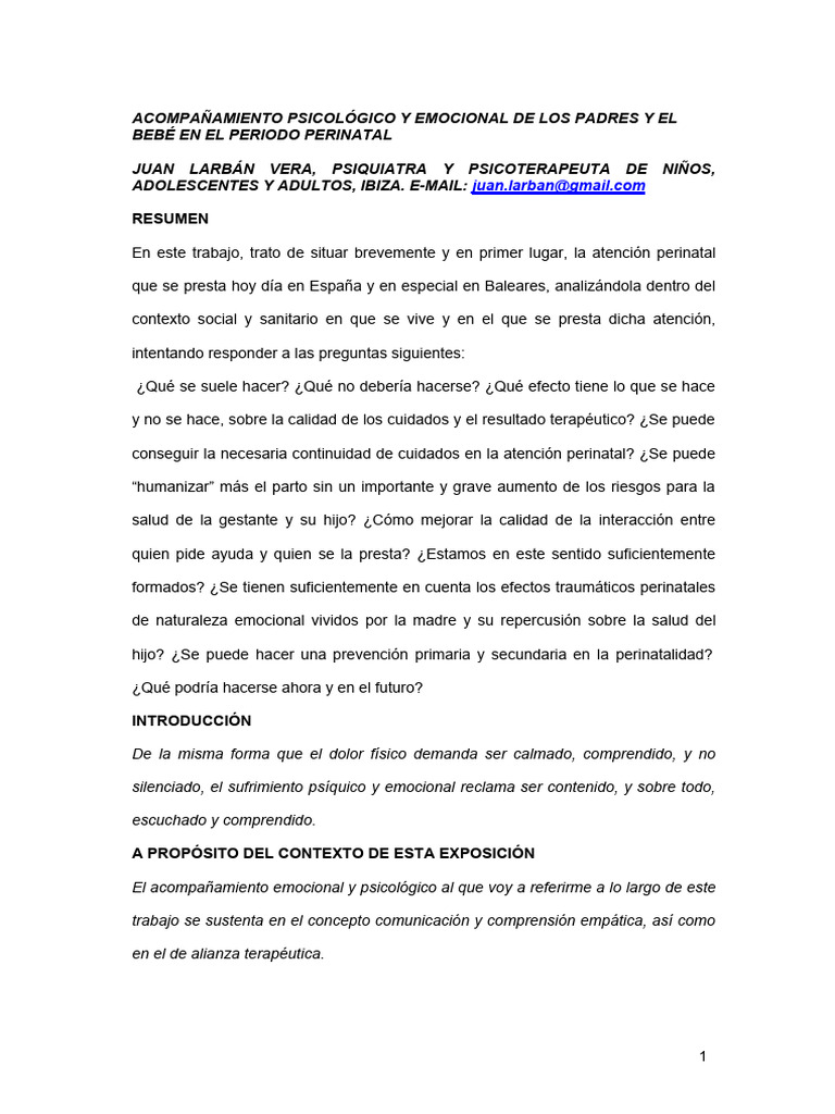Acompa Amiento Psicoemocional de Los Padres y El Bebe en El Periodo Perinatal | PDF | Trauma ...