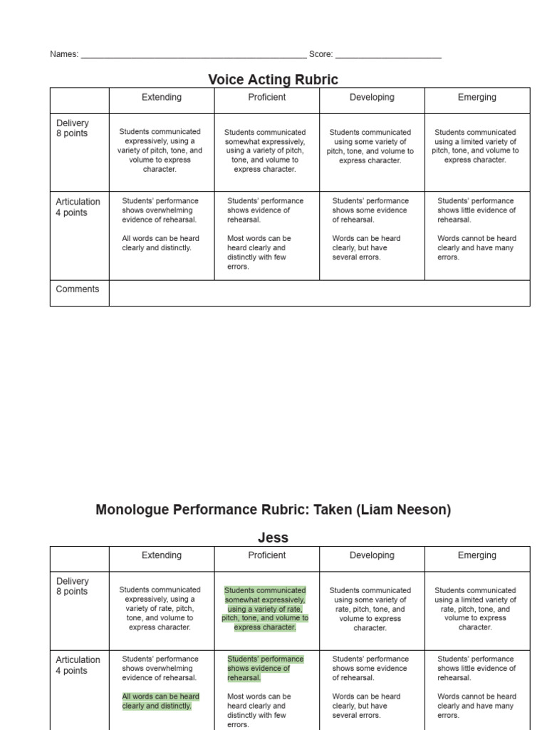 Voice Acting Assessment Rubric | PDF | Pitch (Music) | Tone (Linguistics)