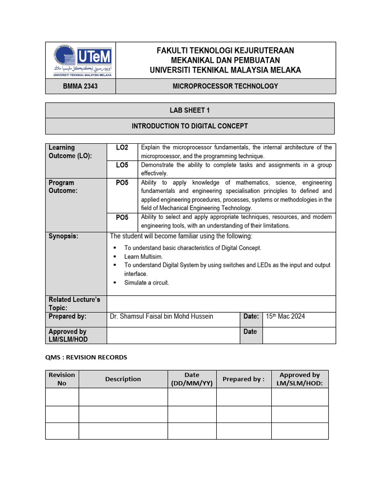 BMMA 2343 Microprocessor Technology (Lab 1 - Introduction to Digital Concept) | PDF | Computer ...