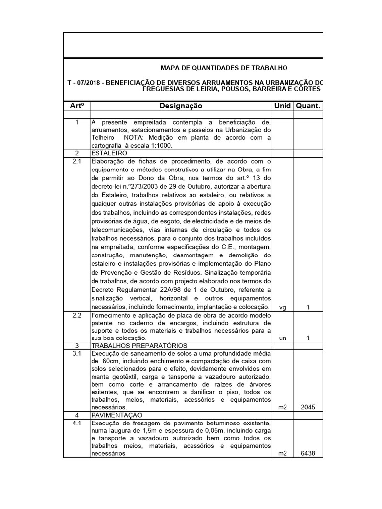 Mapa Quantidades Trabalho | PDF | Materiais | Materiais de construção