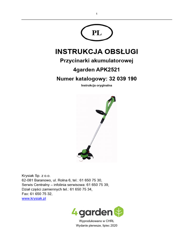 Instrukcja Obsługi: Przycinarki Akumulatorowej 4garden APK2521 Numer ...