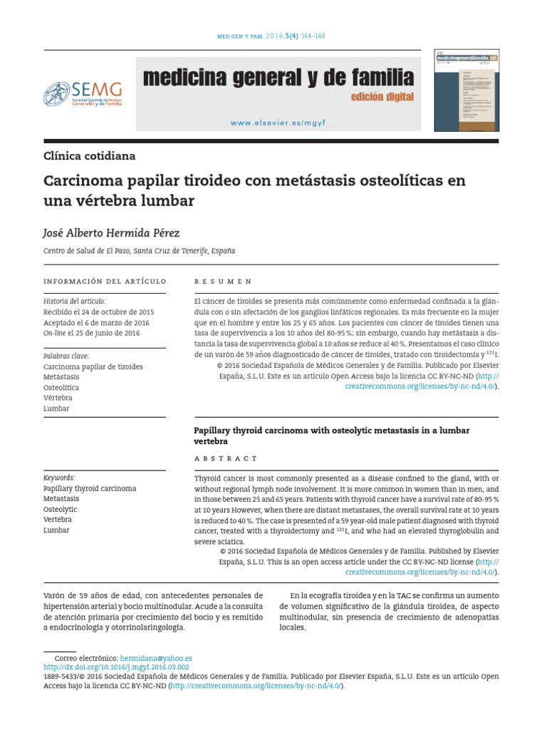 Carcinoma Papilar Tiroideo Con Met Stasis Osteol Ti 2016 Medicina ...