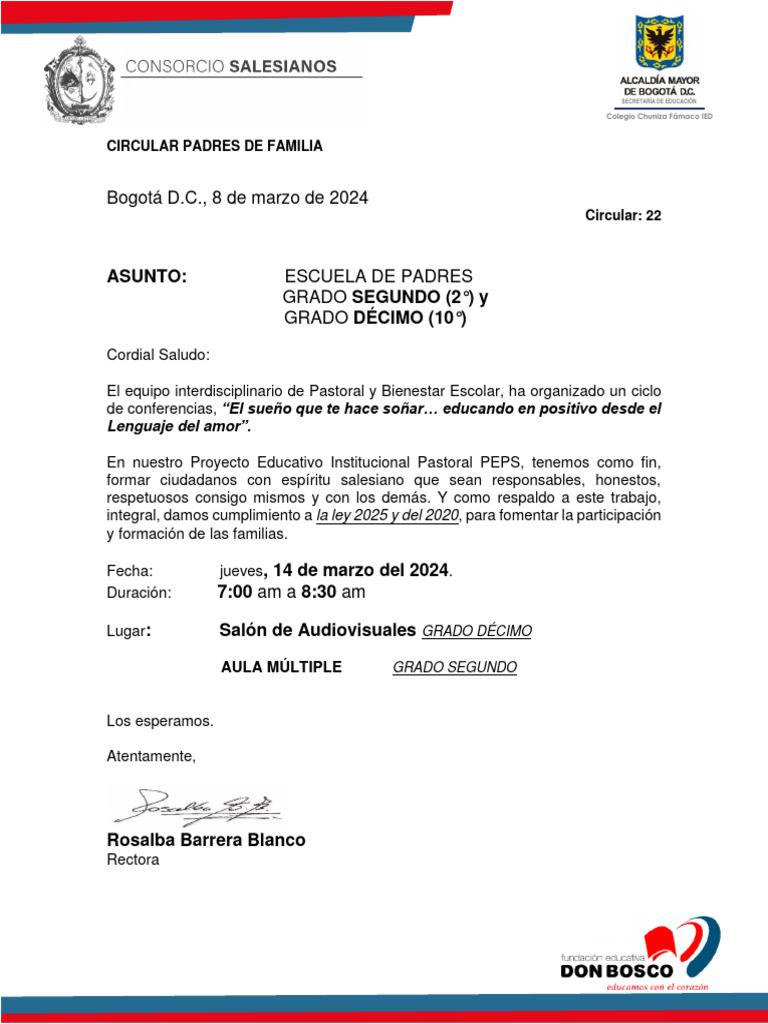 Circular #22 ESCUELA DE PADRES-2024 | PDF | Ciencias sociales | Bienestar