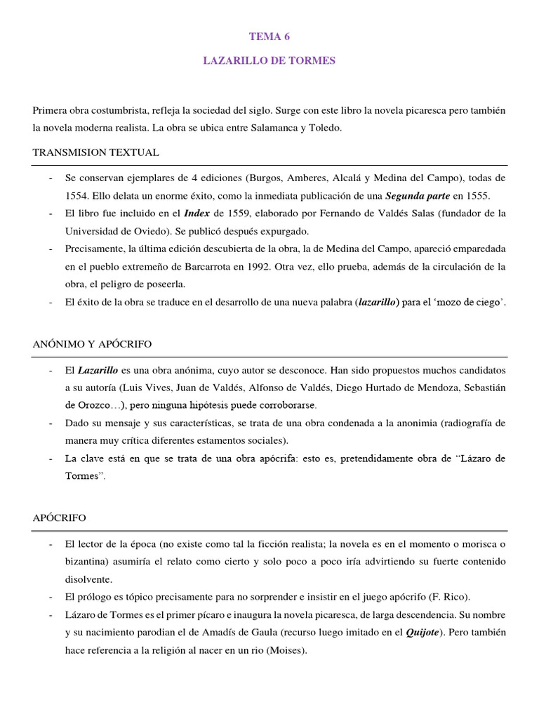 Tema 6. Lazarillo de Tormes | PDF | Historia | Ficción general