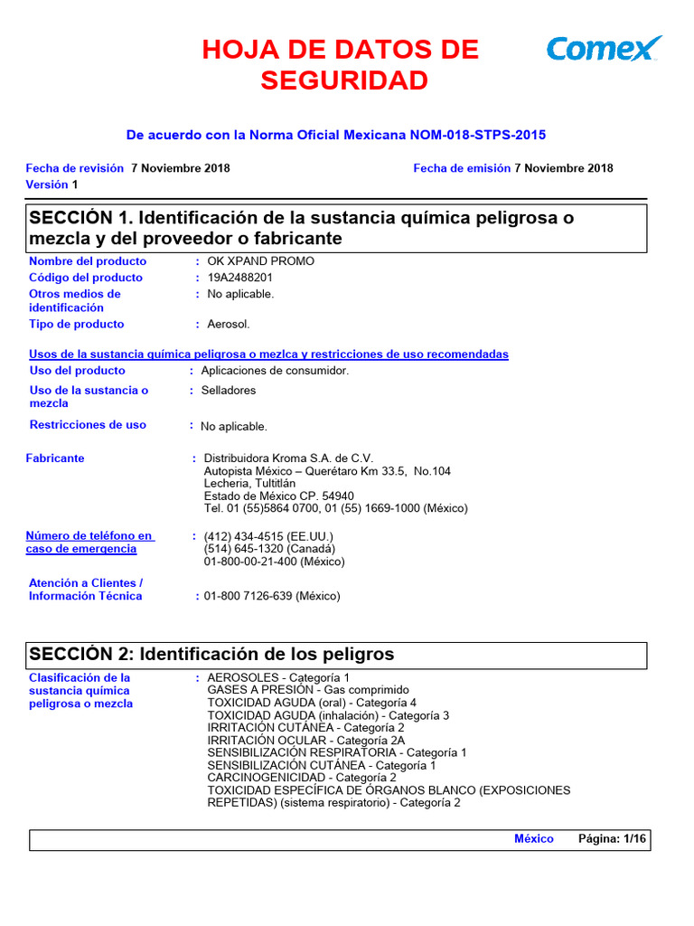 Hoja de Seguridad de OK XPAND PROMO | PDF | Alergia | Asma