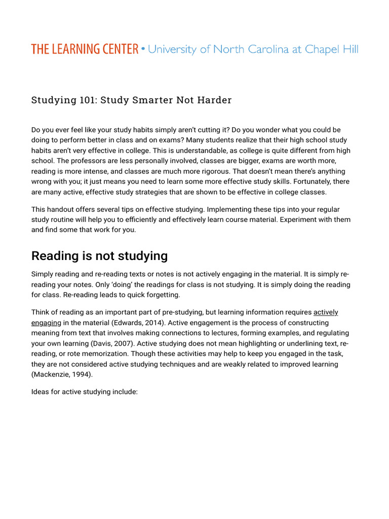 Studying 101 - Study Smarter Not Harder - Learning Center | PDF | Study Skills | Cognition