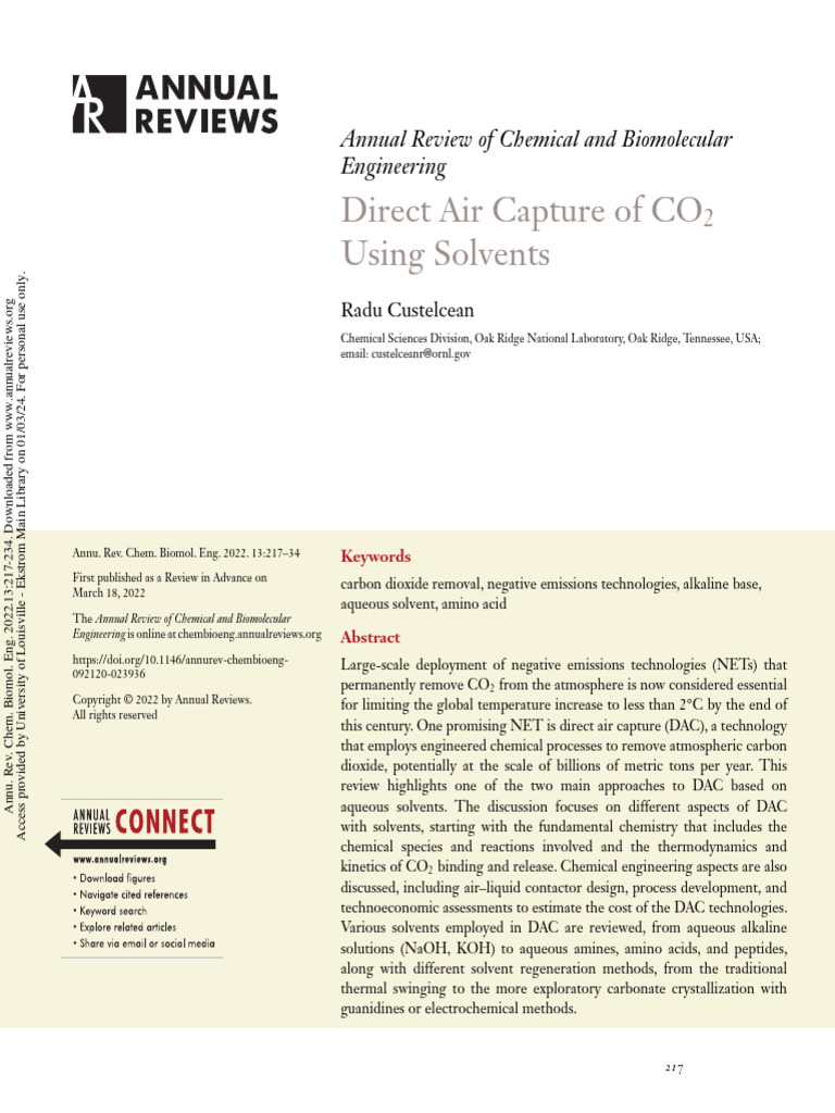 Direct Air Capture Using Solvents Custelcean 2022 Direct Air Capture of Co2 Using Solvents | PDF ...