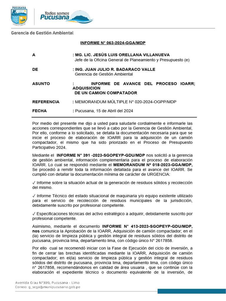 Informe #063-Estado Situacional Del Avance Del Ioarr | PDF