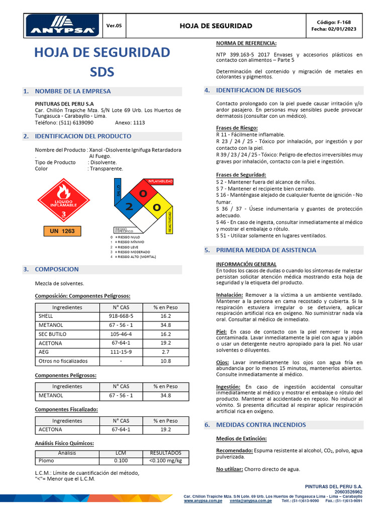 Hoja de Seguridad: Disolvente Xanol | PDF