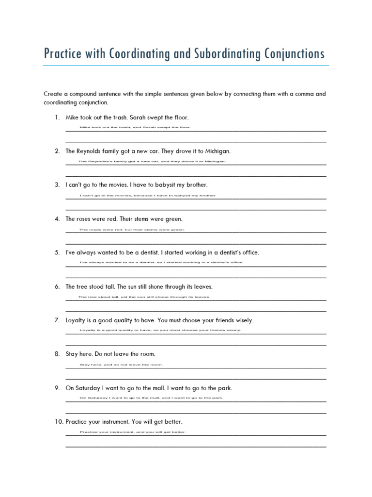 Coordinating and Subordinating Conjunctions Worksheet 2 | PDF ...