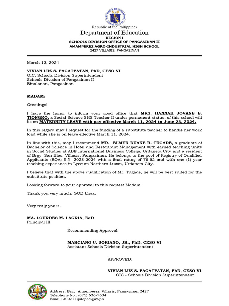 Request For Substitute Teacher 1 | PDF