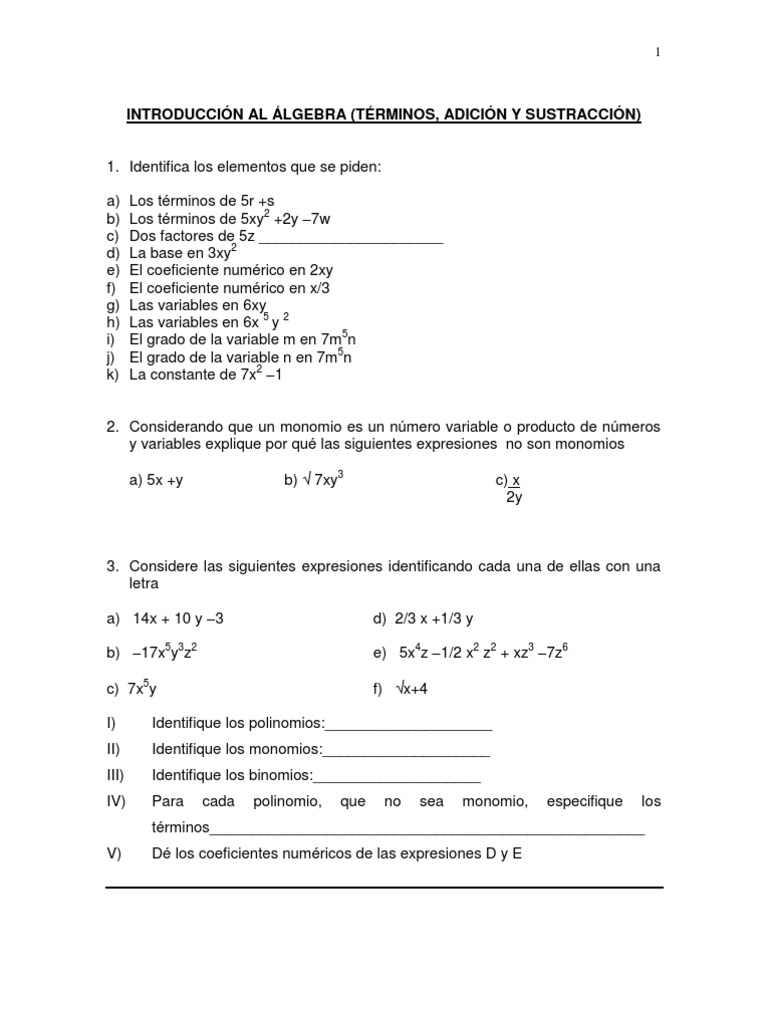 Suma y Resta de Términos Algebraicos | PDF
