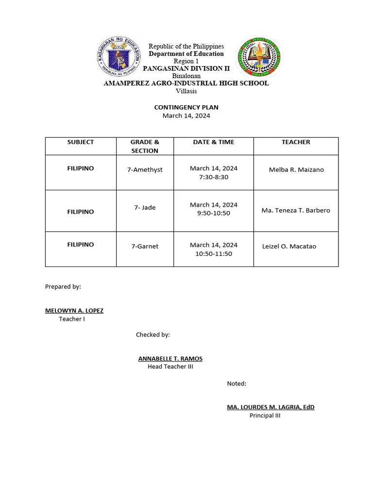 Pangasinan School Contingency Plans 2024 | PDF | Philippines