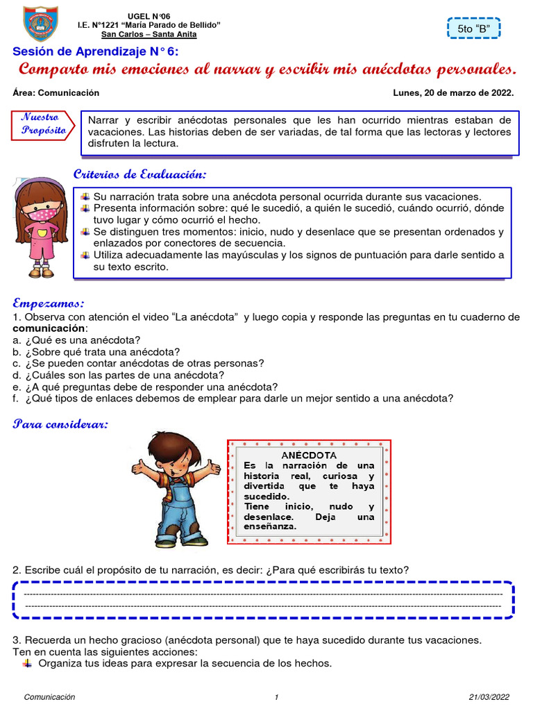 21 de marzo - Comunicación - Comparto mis emociones al narrar y escribir mis anécdotas ...