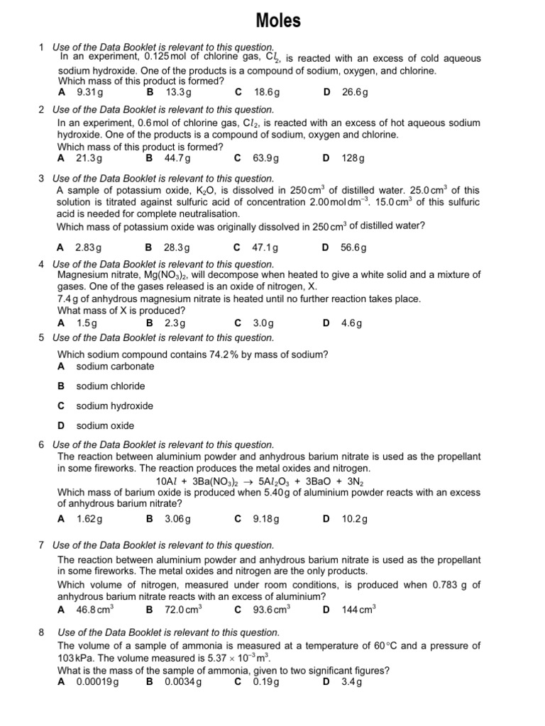 Mole Concept MCQs With MS | PDF | Chlorine | Acid