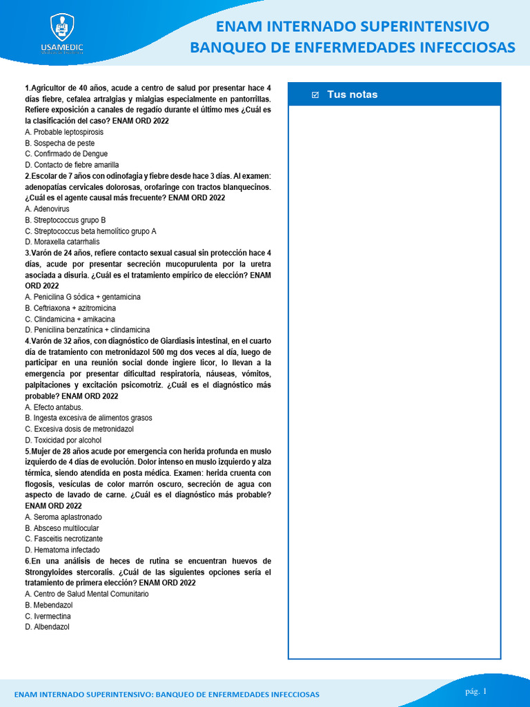 BANQUEO DE INFECCIOSAS ENAM INTERNADO SUPERINTENSIVO 2022 USAMEDIC Alumno | PDF | Infección ...