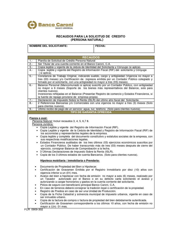 Form FCR 0909-302 Recaudos Persona Natural 2024 Caroni | PDF | Bancos ...
