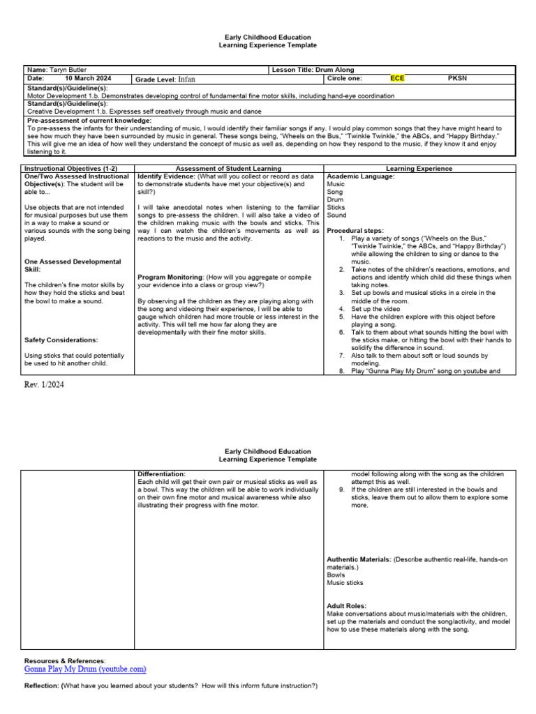 music lesson plan infants | PDF | Experience | Learning