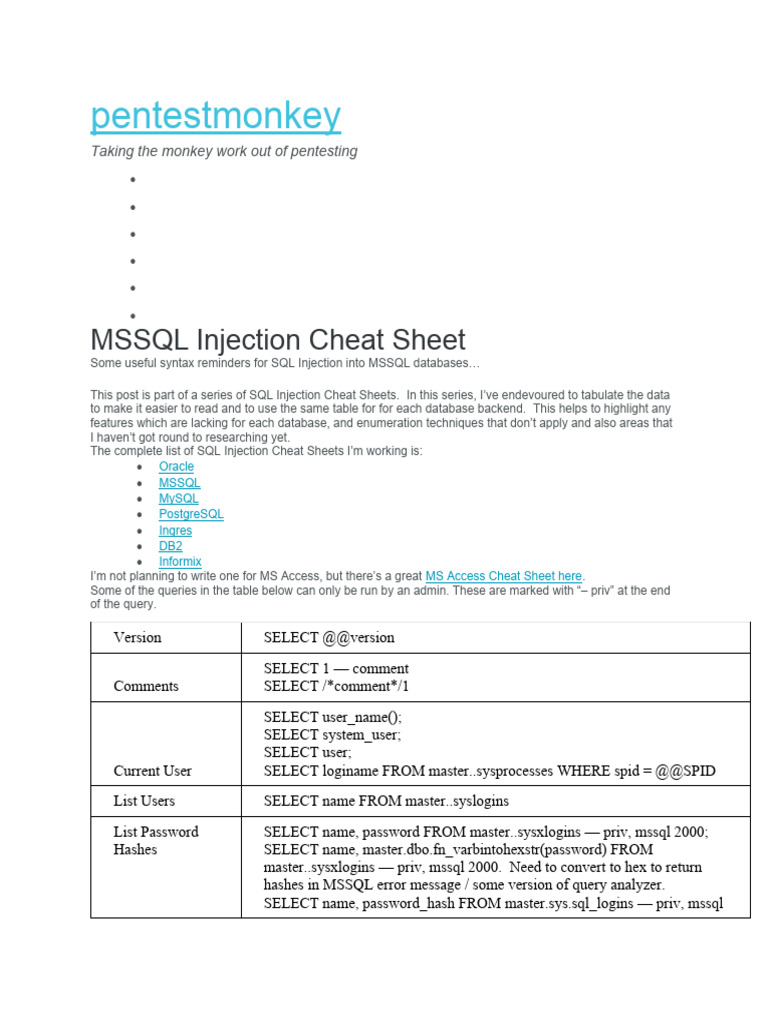 pentestmonkey | PDF | Microsoft Sql Server | Sql