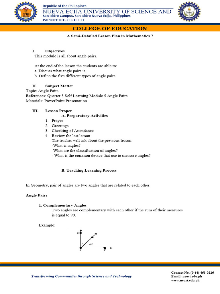 MATH 7 Lesson Plan - 5. Angle Pairs | PDF | Angle | Geometry