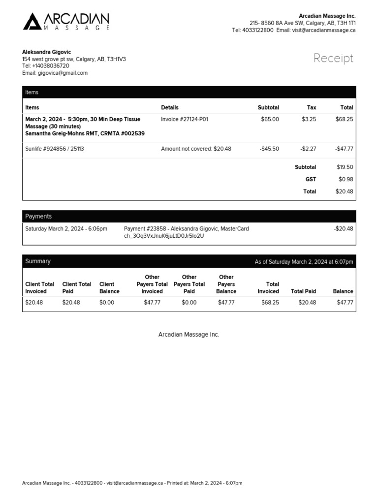 Arcadian Massage Receipt - March 2024 | PDF | Invoice | Payments