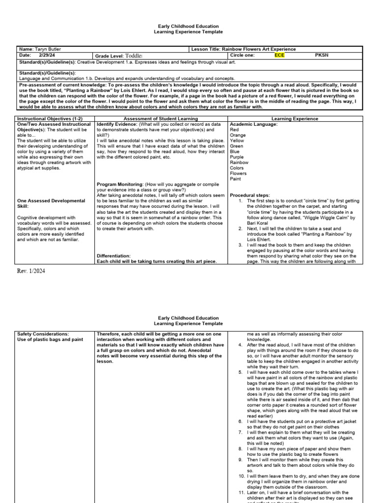 Ece Lesson Plan Template Art Toddlers | PDF | Learning | Color