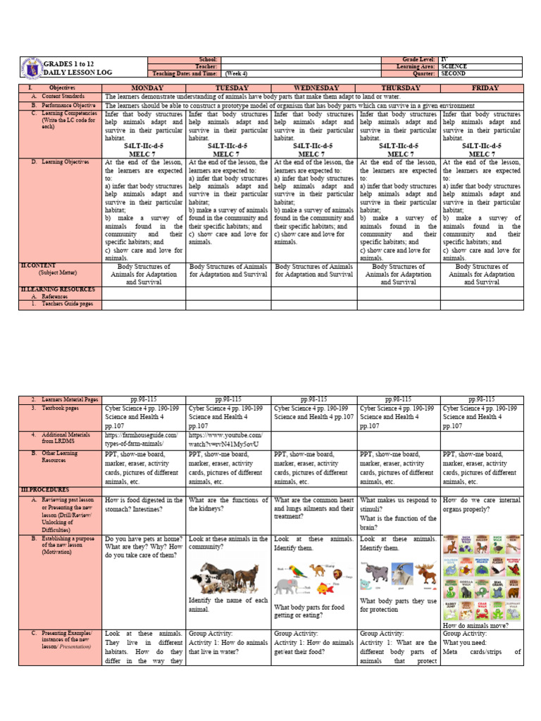 Science 4 Q2 Week 4 DLL | Download Free PDF | Habitat | Adaptation