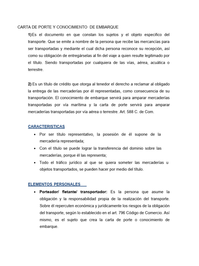 Carta de Porte y Conocimiento de Embarque | PDF | Factura | Guía de carga