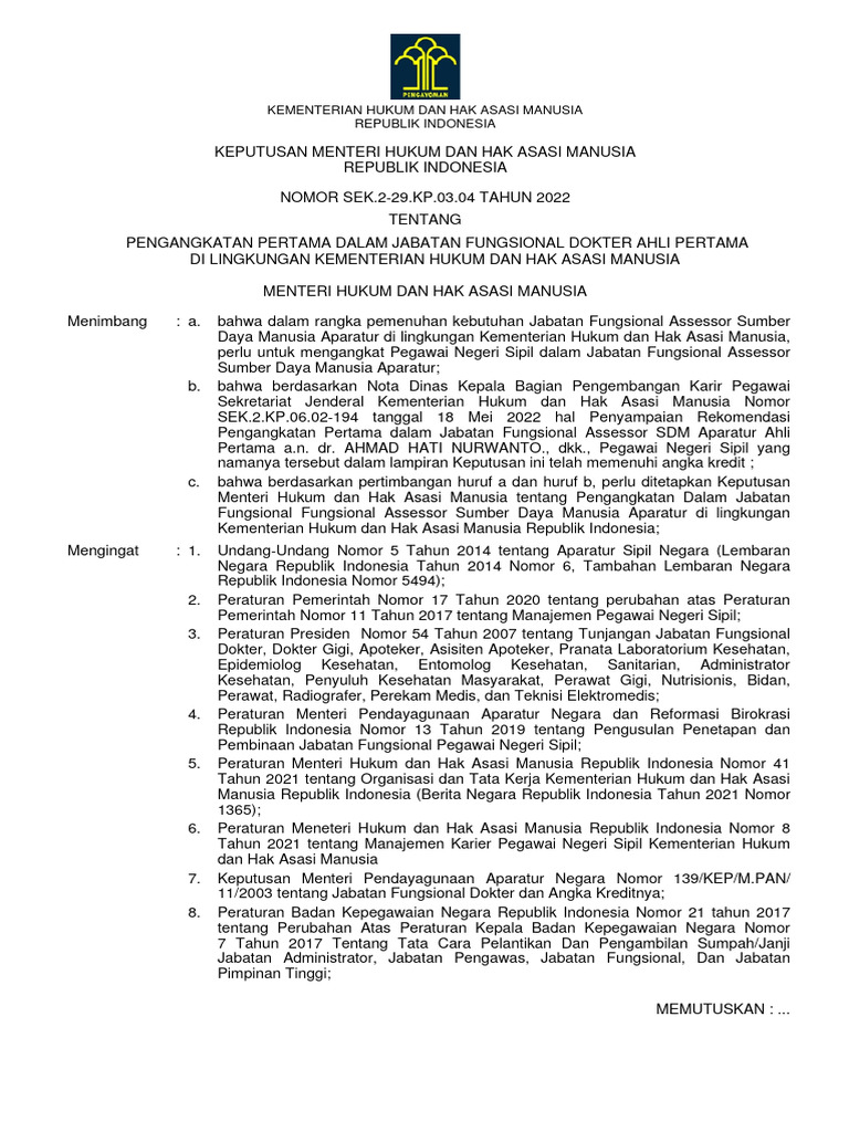 SK NOMOR SEK.2-29.KP.03.04 TAHUN 2022 Tentang Pengangkatan JFT Dokter ...
