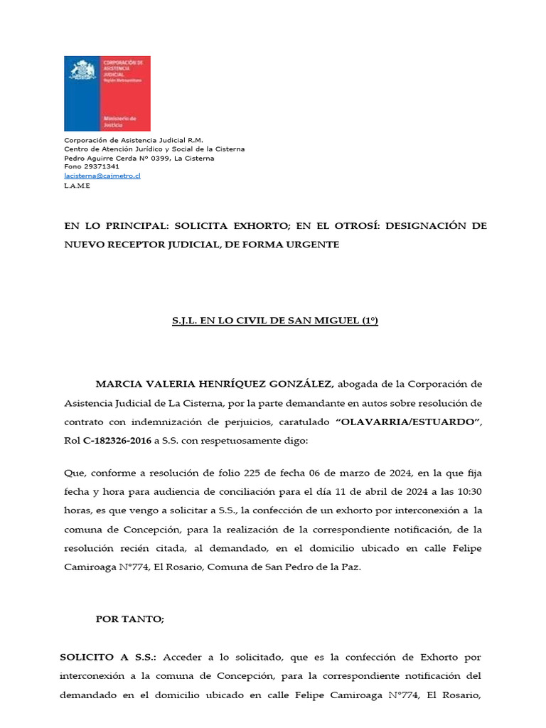 Solicitud De Exhorto Y Nuevo Receptor Pdf