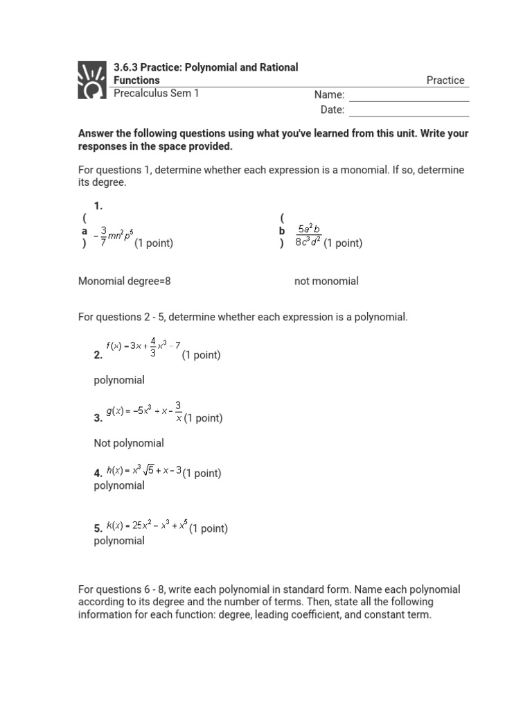 3.6.3 Practice - Polynomial and Rational Functions (Practice) | PDF | Polynomial | Applied ...