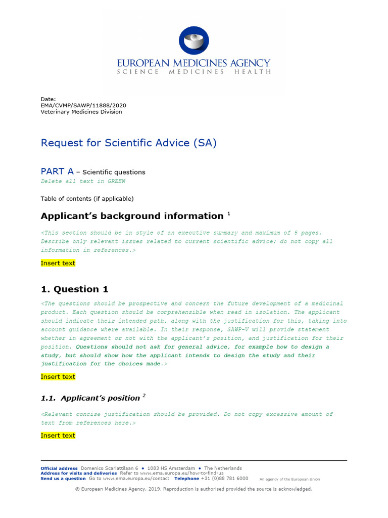 EMA Scientific Advice Request Template | PDF | Health Sciences | Medicine