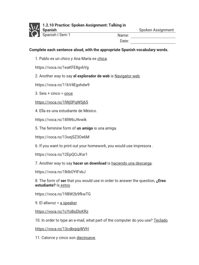 1.2.10 Practice - Spoken Assignment - Talking in Spanish (Spoken ...