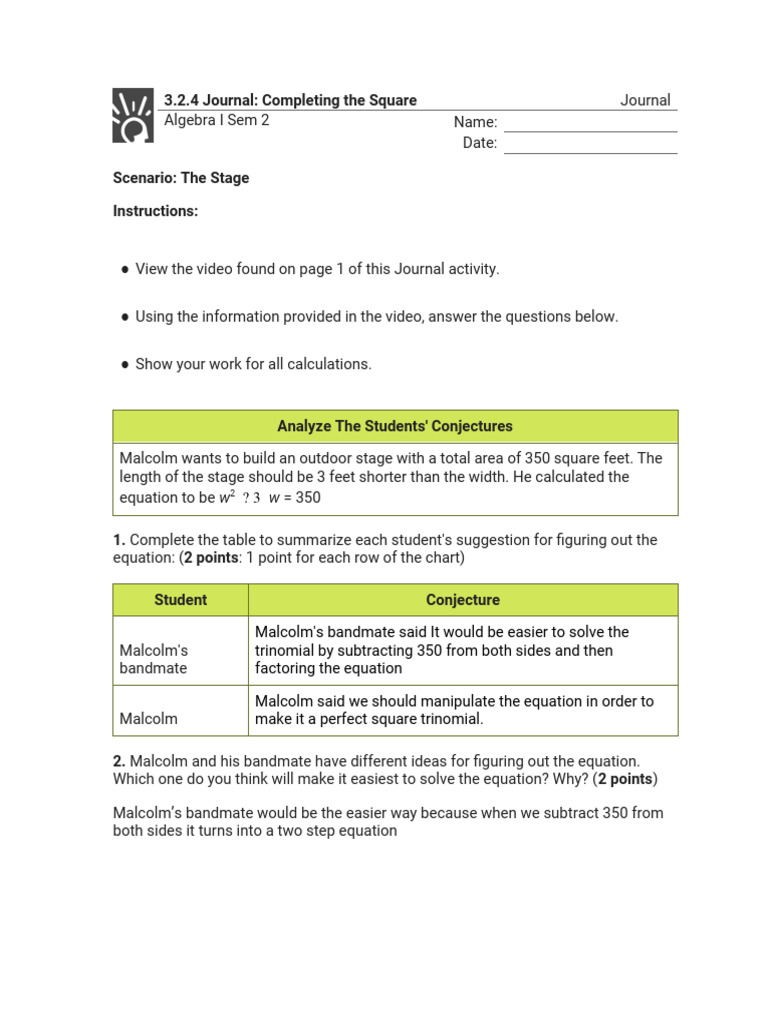 3.2.4 Journal - Completing The Square (Journal) | PDF | Equations ...