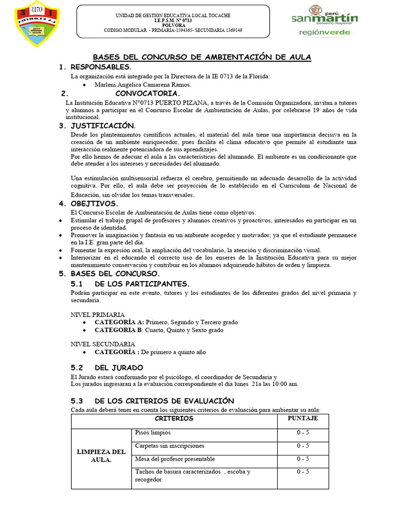 BASES CONCURSO DE AMBIENTACION DE AULA- IE 0713 | PDF | Salón de clases | Aprendizaje