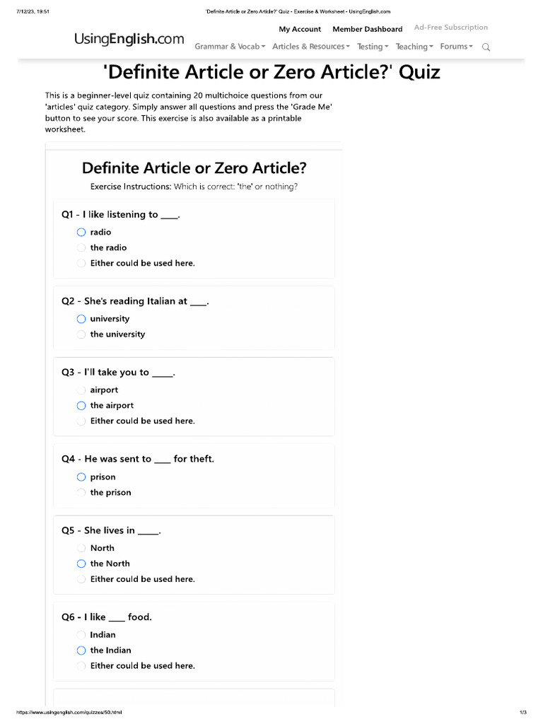 Definite Article or Zero Article - Qui... Xercise & Worksheet ...
