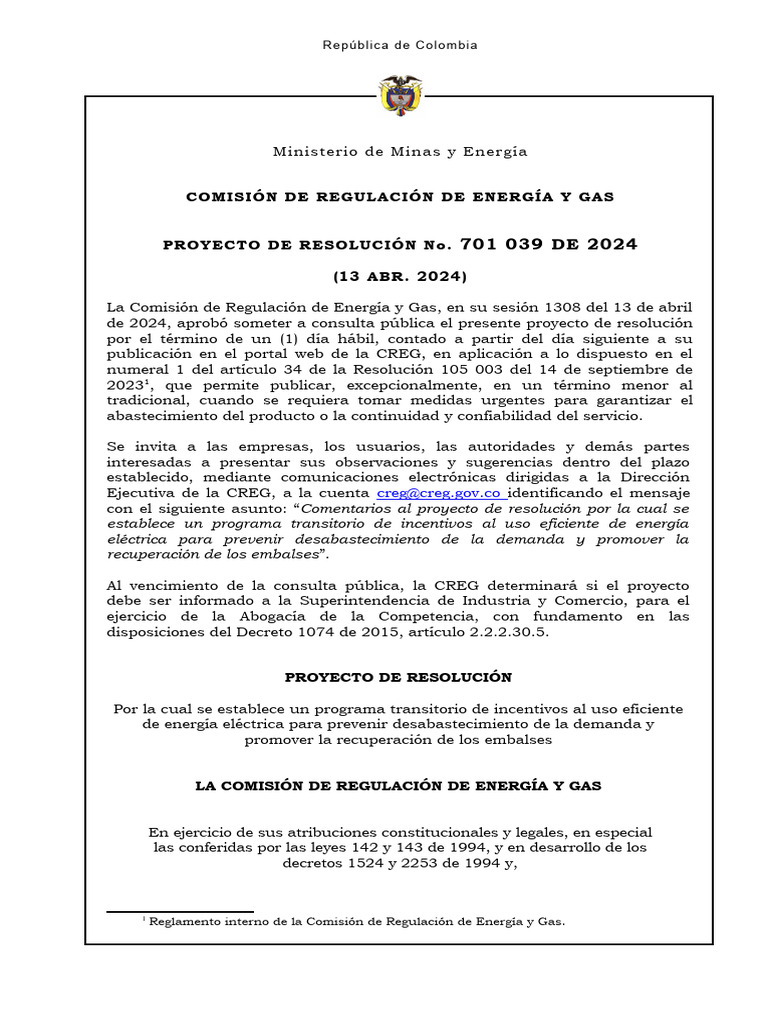 Proyecto Resolución CREG 701 039 2024 | PDF | Economias | Cantidades ...