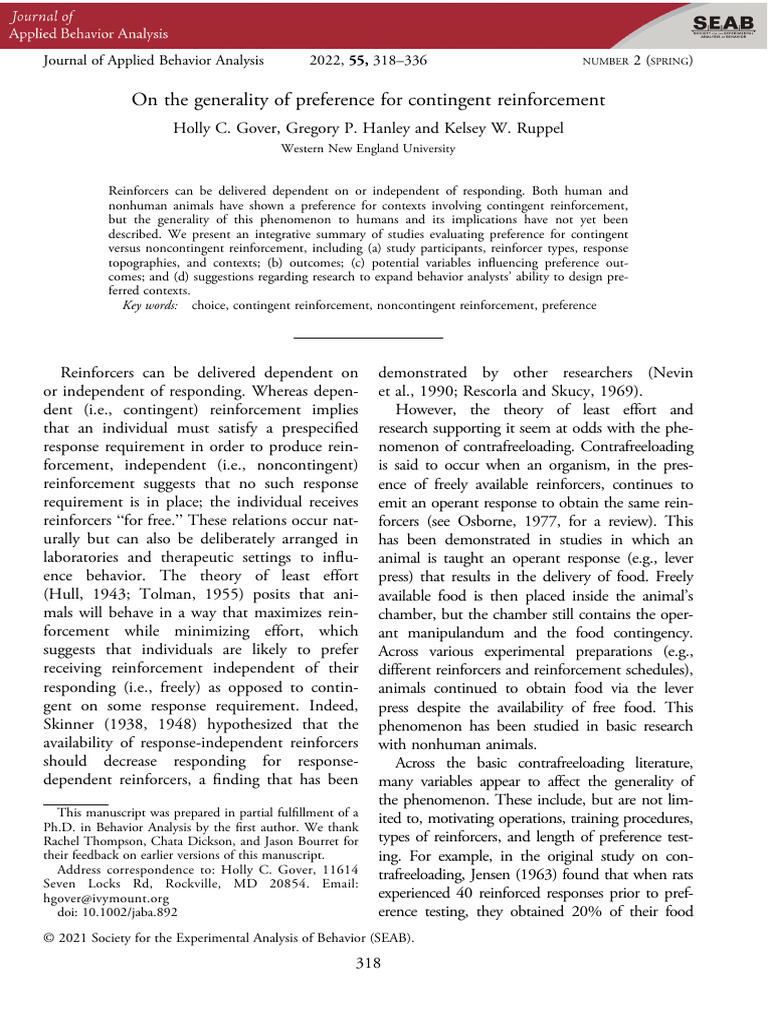 J of App Behav Analysis 2021 Gover On The Generality of Preference For Contingent Reinforcement ...