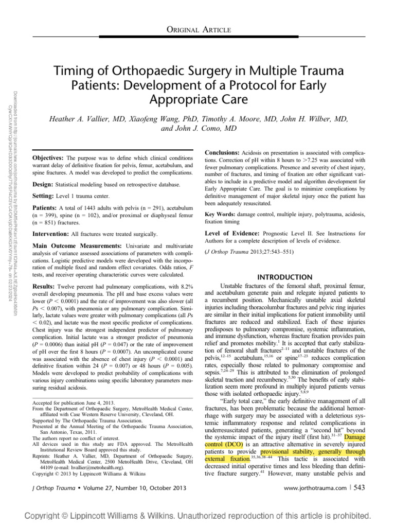 Timing of Orthopaedic Surgery in Multiple Trauma.1 | PDF | Receiver Operating Characteristic ...