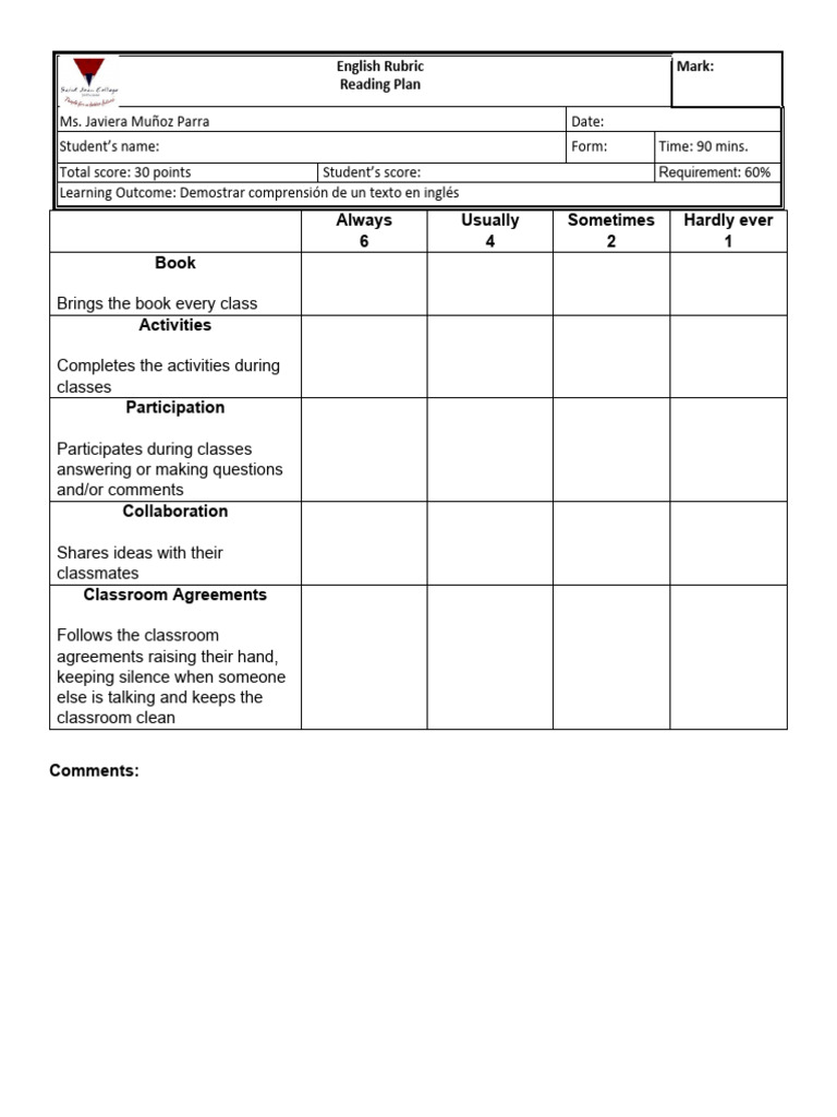 English Reading Plan Rubric | PDF | Career & Growth